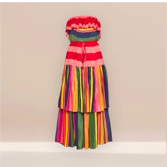 FARM Rio | Dresses | Farm Rio Mixed Striped Strapless Tiered Maxi Dress ...
